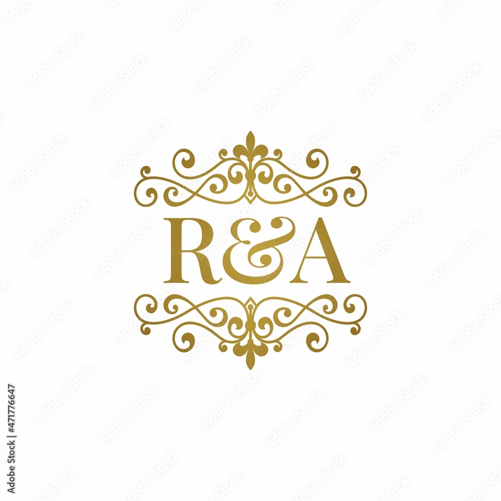 R&A initials logo ornament gold. Letter RA wedding ampersand or ...