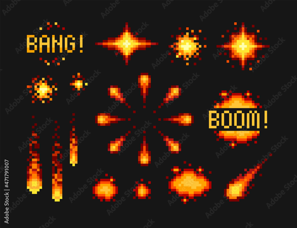 Pixel art Explosion set with "boom" and "bang", comic style burst ...