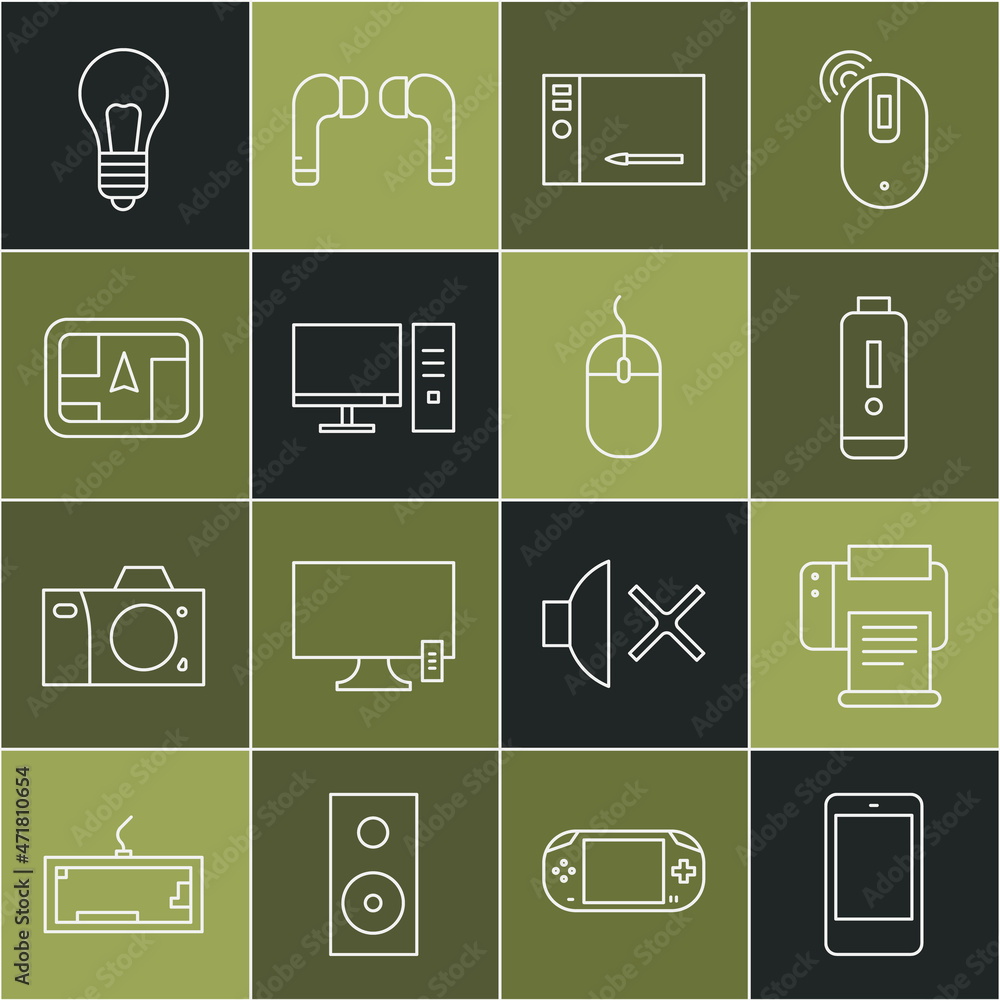 Set line Smartphone, mobile phone, Printer, Battery charge level indicator, Graphic tablet ...