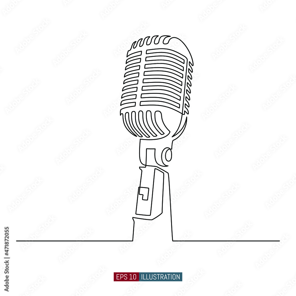 Continuous line drawing of Vintage microphone. Symbol of radio, singing ...
