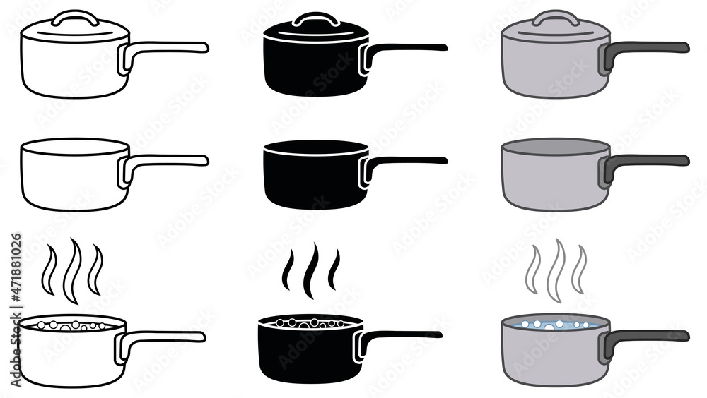 Boiling Cooking Pot with Handle Clipart Set - Outline, Silhouette and ...