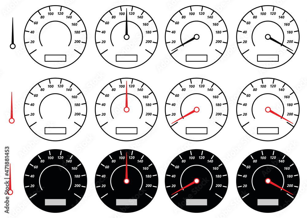 Speedometer Gauge Clipart Set - Outline, Silhouette and Color Stock ...