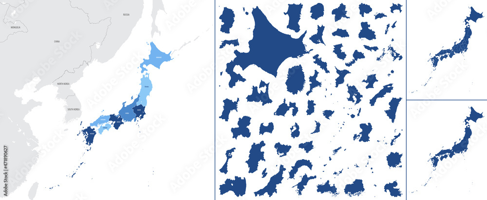 Detailed vector blue map of Japan with administrative divisions into ...