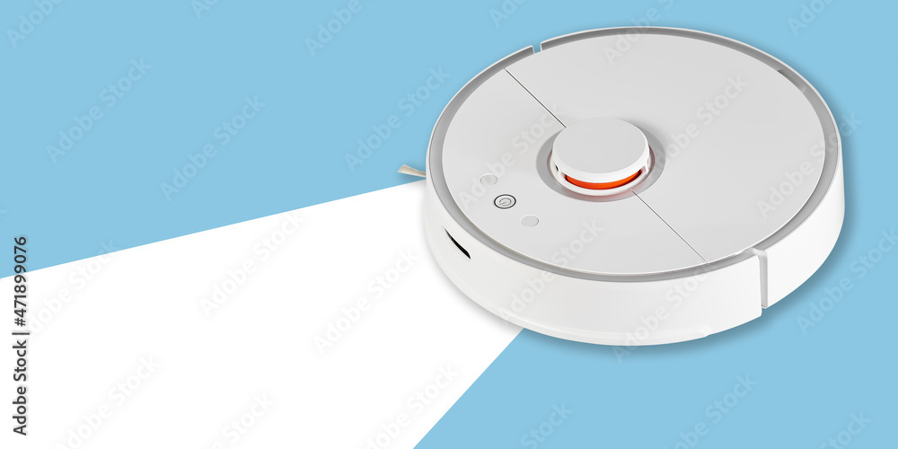 White robot vacuum cleaner on a gentle blue background. Banner with a ...