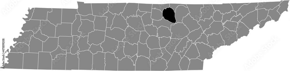 Black highlighted location map of the Overton County inside gray ...