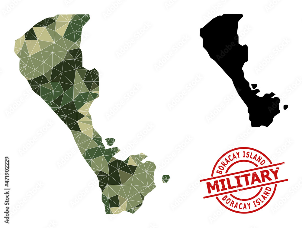 Low-Poly mosaic map of Boracay Island, and distress military seal. Low ...