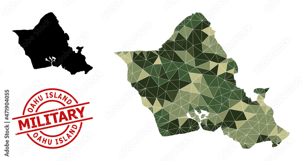 Lowpoly mosaic map of Oahu Island, and scratched military stamp ...