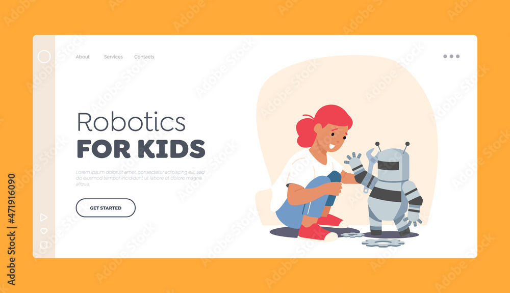 Robotics for Kids Landing Page Template. Smiling Child Characters Programming Robot. Cute Girl ...