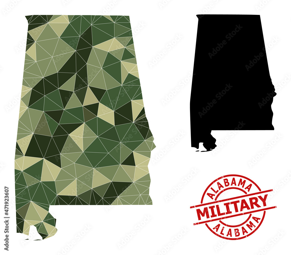 Vetor Polygonal mosaic map of Alabama State, and textured military ...