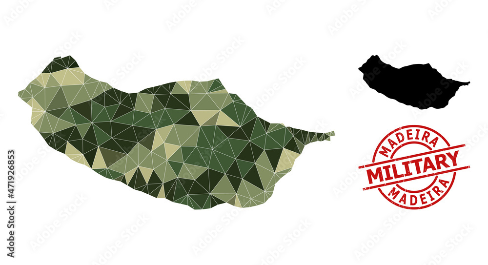 Low-Poly mosaic map of Madeira Island, and rubber military rubber seal ...