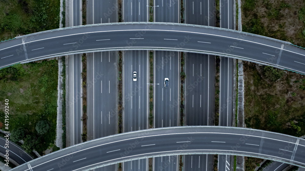 Top down aerial view from drone on modern traffic junction of multiple ...