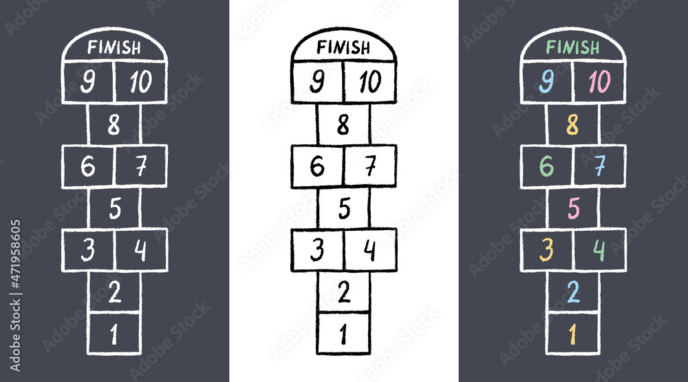 Hopscotch kid activity game. Hopscotch with color numbers drawn in ...