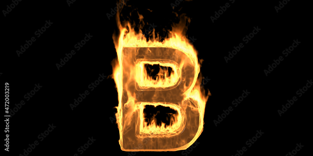 Fire alphabet letter B burning flame. Hot fiery font glowing, black ...
