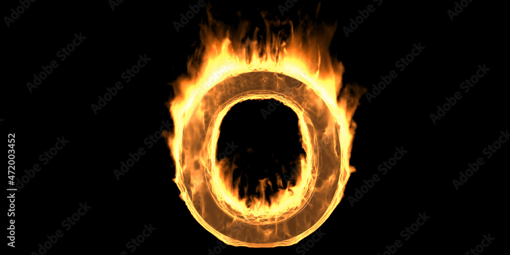 Fire alphabet letter O burning flame. Hot fiery font glowing, black ...