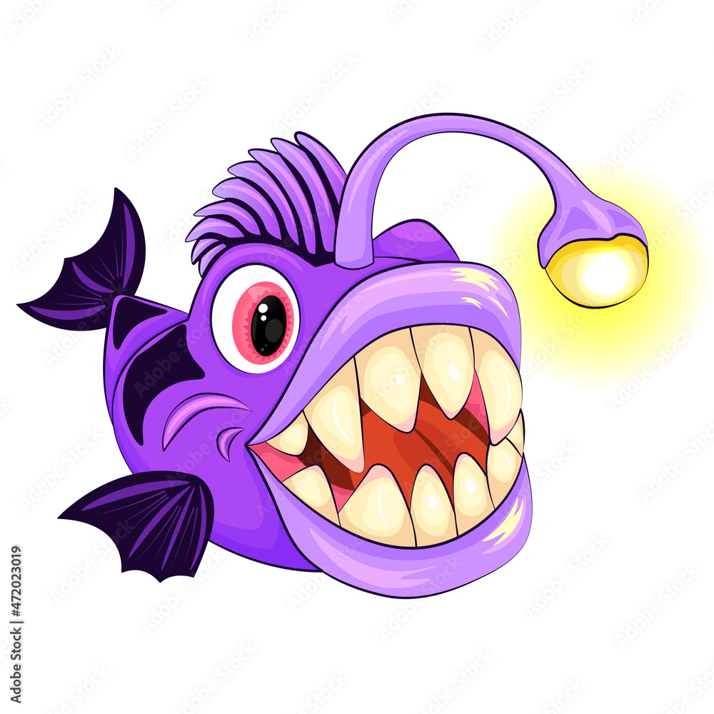 Monster fish with a lamp on its head. Flat vector illustration isolated ...