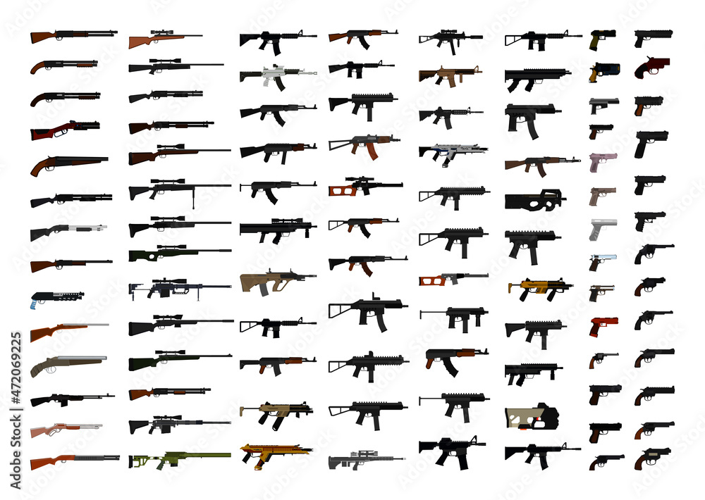 Collection of realistic firearms. All types of machine guns, pistols ...