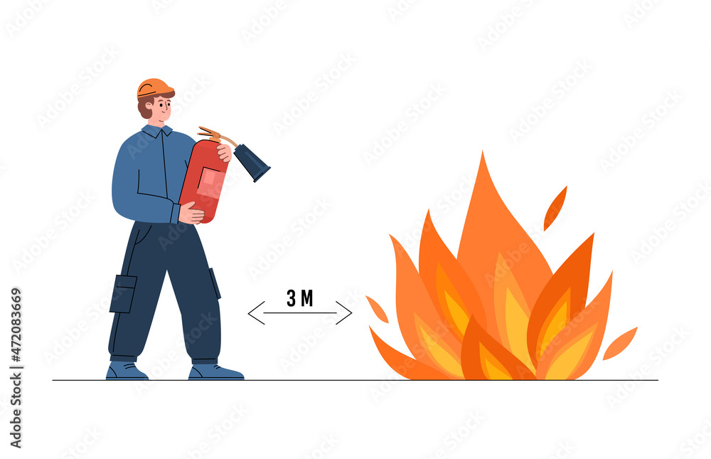 Fireman with extinguisher approaches the fire site at distance, flat ...