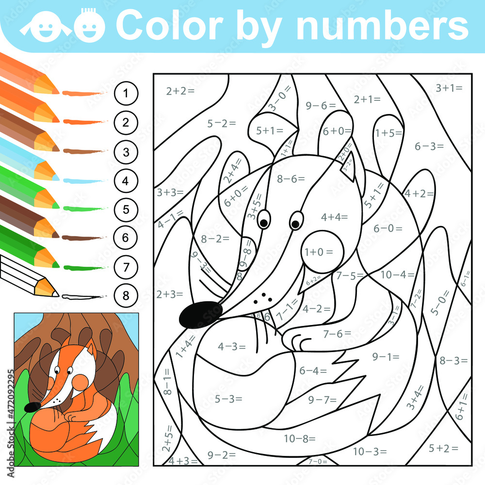 Vector de Stock Color by numbers - addition and subtraction worksheet ...