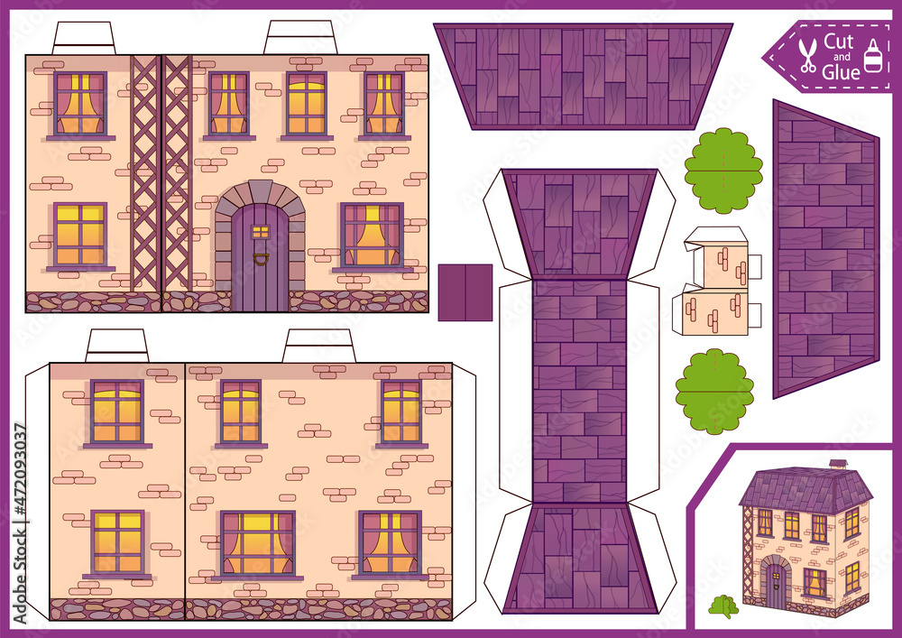 Kids craft paper game. Cut and glue 3d toy house. Education children ...