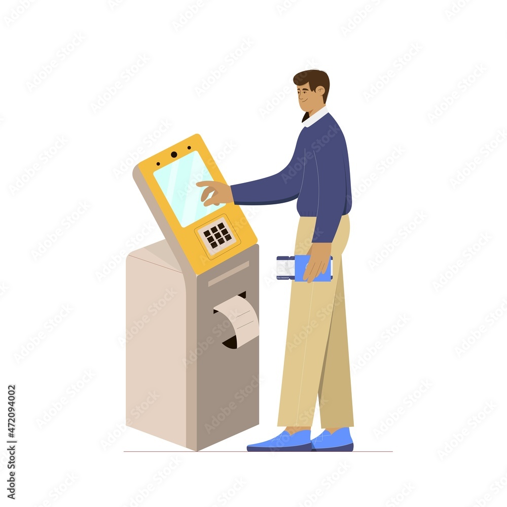 Passenger at self check-in kiosk at the airport, flight registration ...