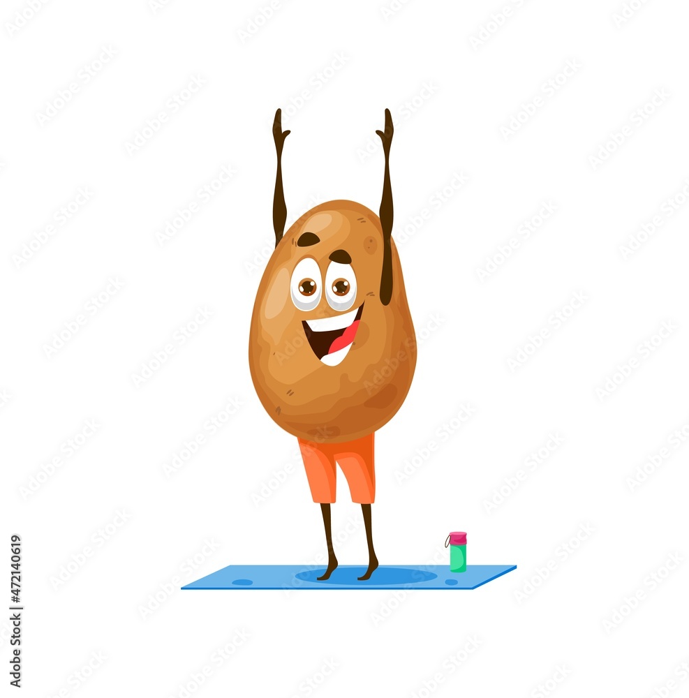 Cartoon potato character in shorts doing sport exercise on fitness ...