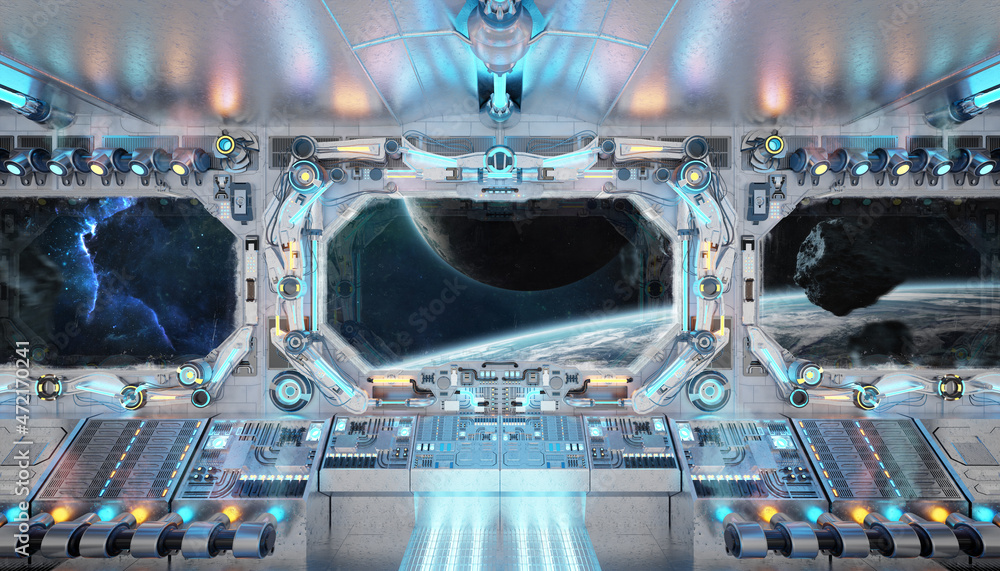 White spaceship interior with glowing blue and red lights. Futuristic ...