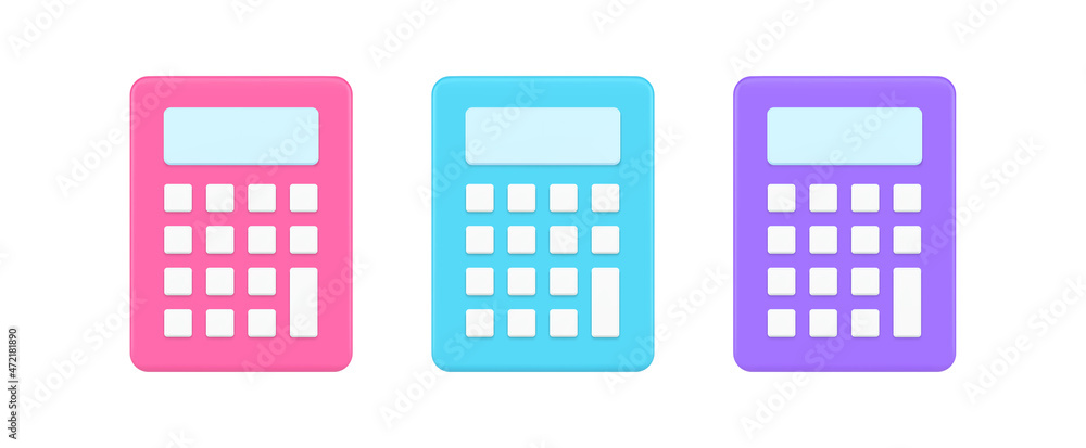 Multicolored set modern calculators with buttons and display fast counting numbers 3d icon ...