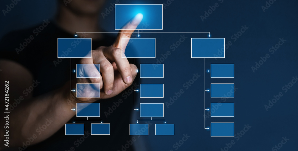 Businessman draws on virtual screen Mindmap or Organigram. Business process and workflow ...