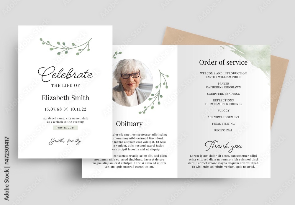 Rustic Funeral Brochure Program Memorial Service Bifold with Watercolor ...