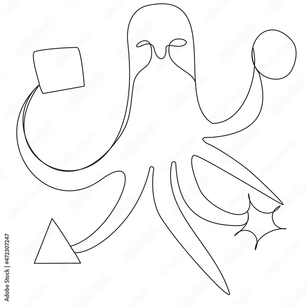 Cute squid in one line with different geometric shapes on a white ...