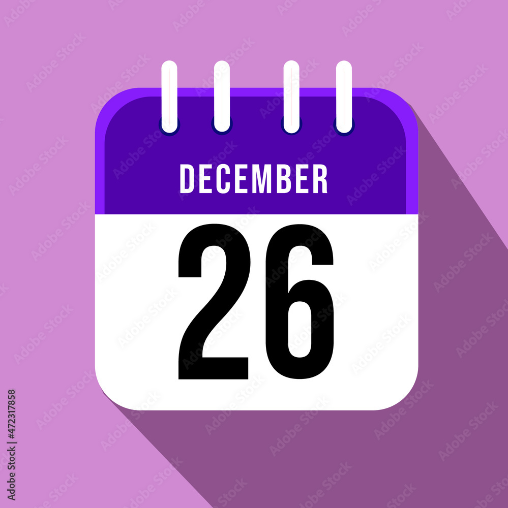 December day 26. Number twenty six on a white paper with purple border ...