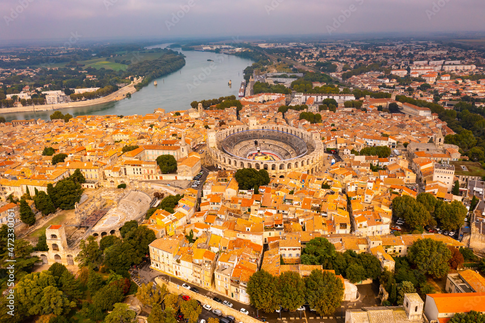 Bird's eye view of Arles, France. Residential buildings with tiled ...