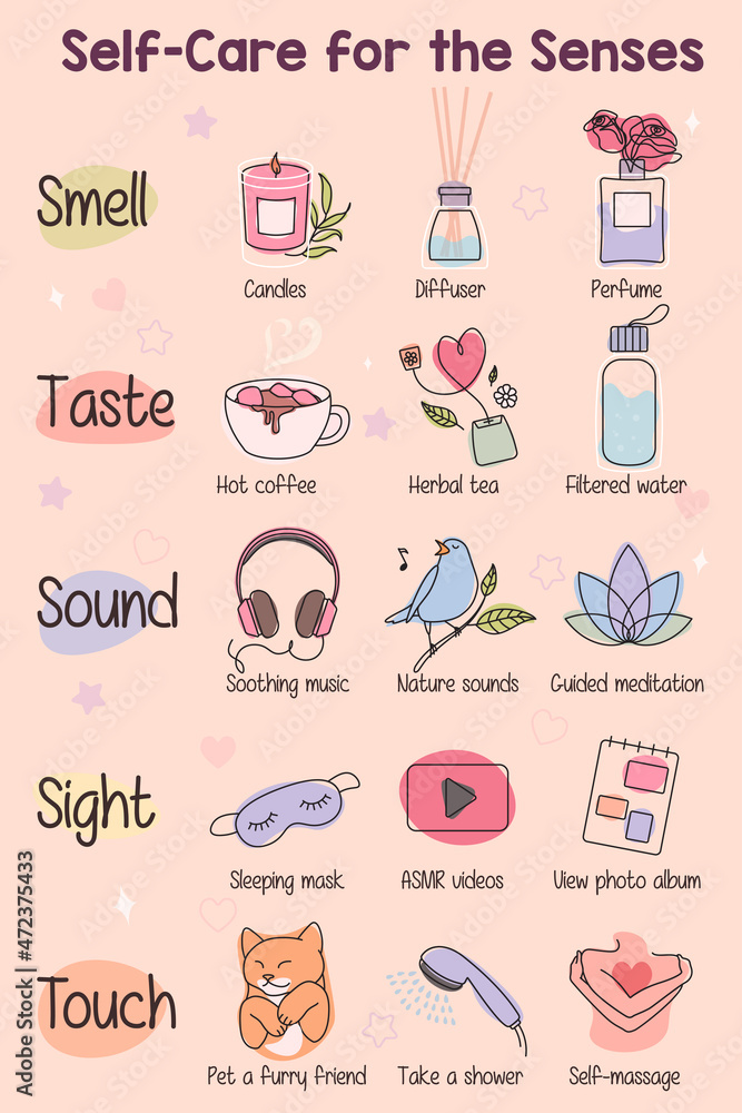 Personal self-care for senses checklist. Hand-drawn vector illustration ...