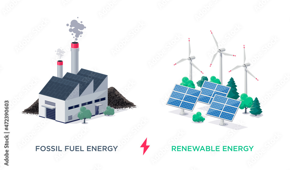 Polluting fossil thermal coal power plant generation and renewable ...