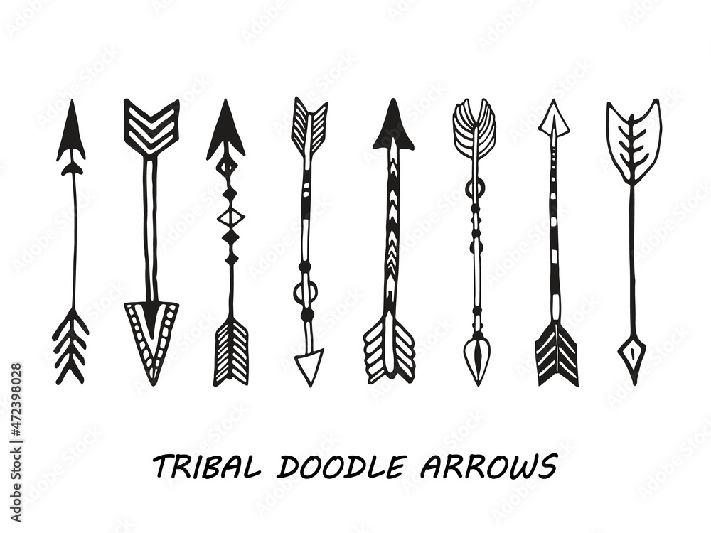 Tribal arrows set, hand drawn background. Sketchy pattern, arrow icons ...