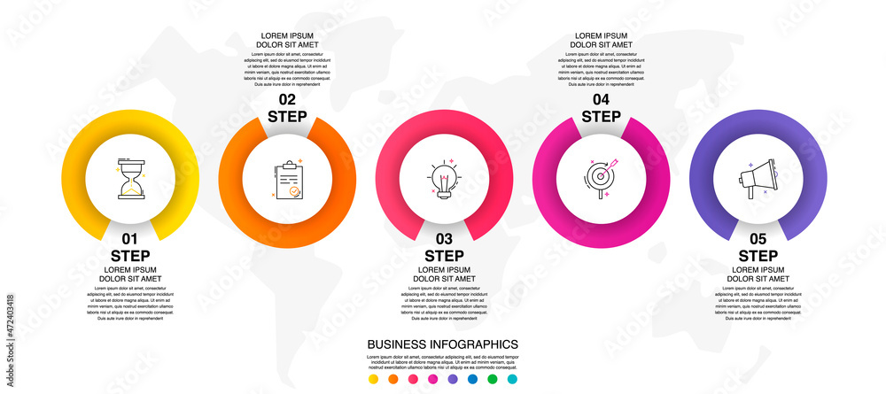 Vector infographics with five circles. Modern concept 5 icons with ...