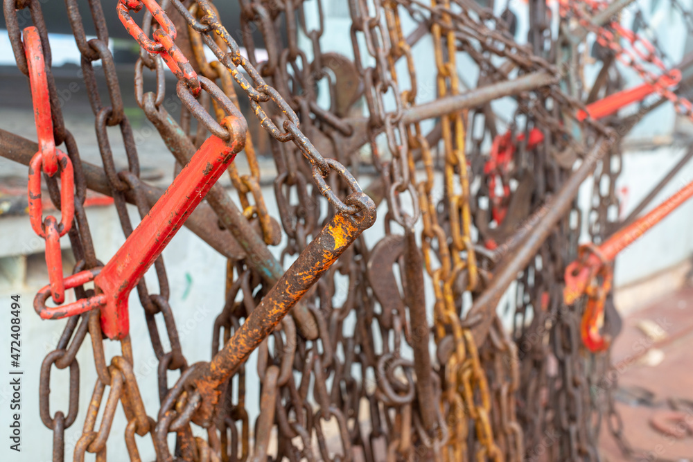 Safe cargo lashing onboard of ship deck with cargo lashing chains and ...