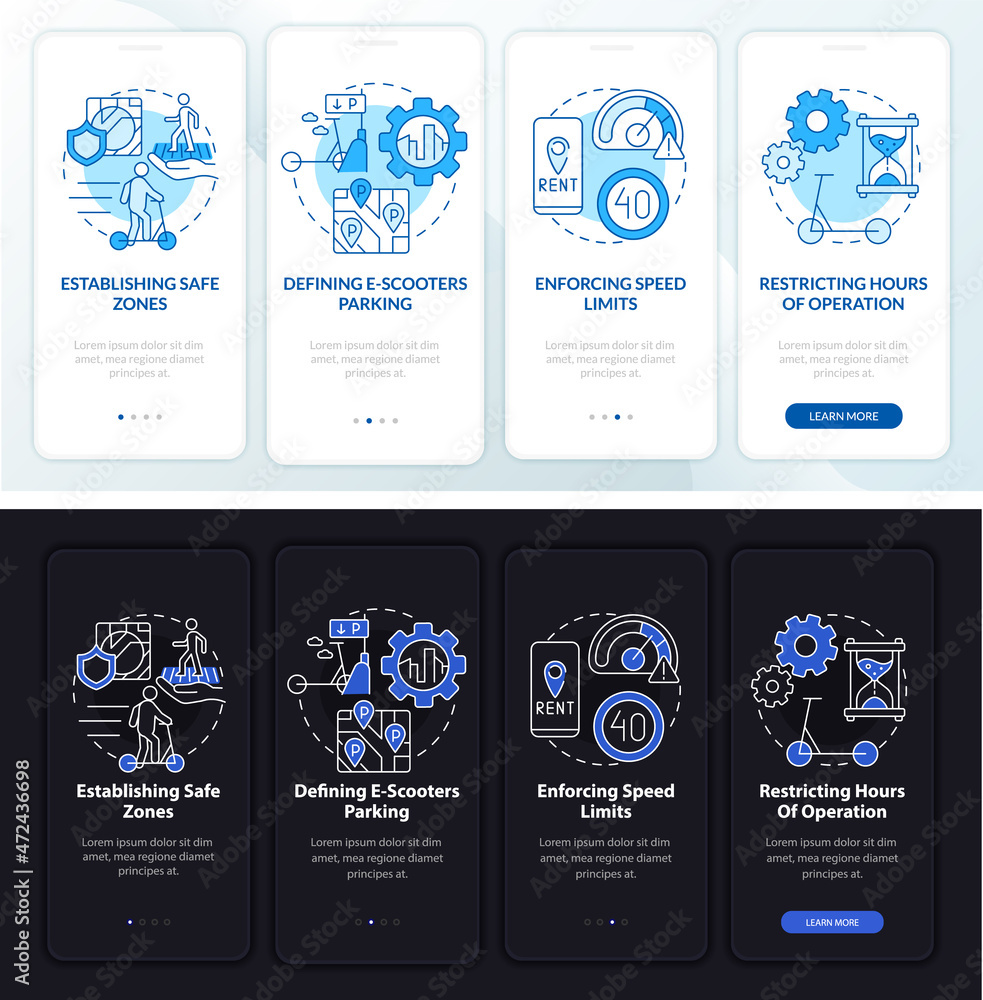 Bike sharing regulations onboarding mobile app page screen. Speed limit ...