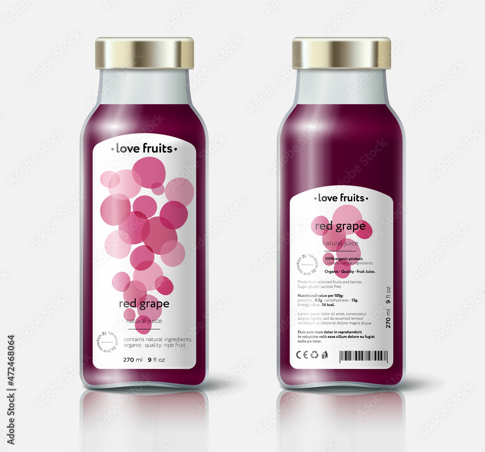 Red grape juice packaging. Beautiful transparency whole and cut fruits ...
