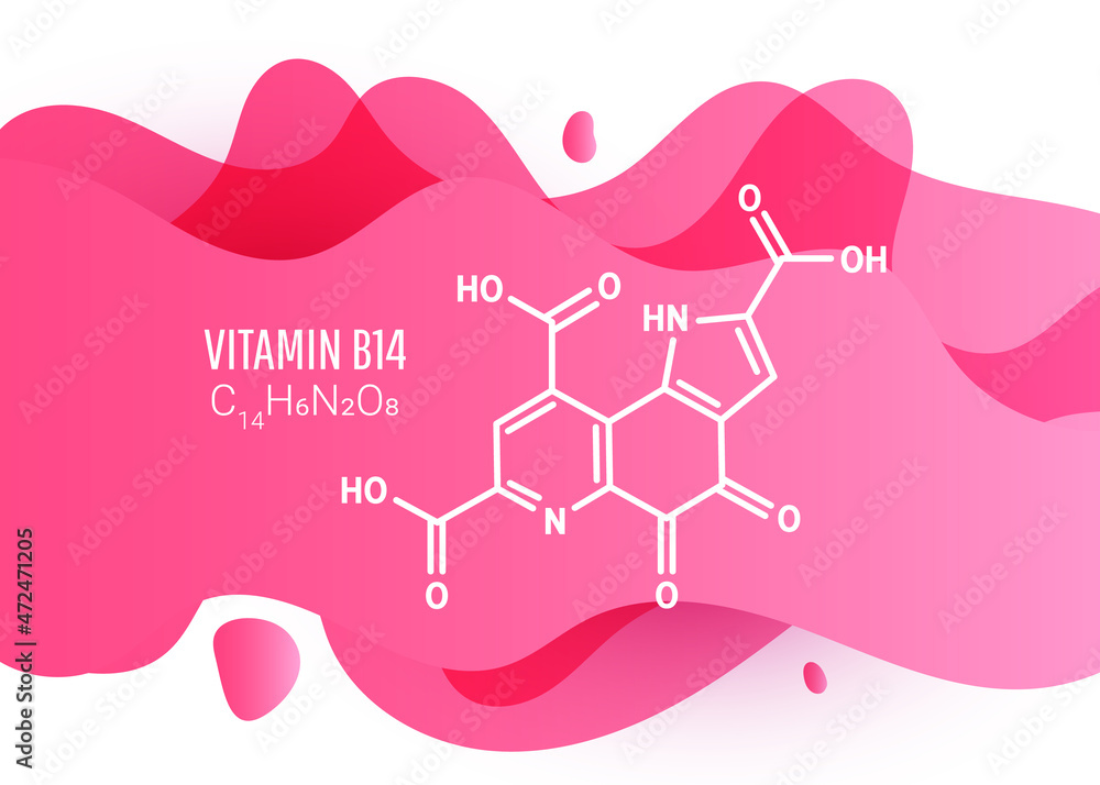 Vitamin B14 PQQ , methoxatin C14H6N2O8 molecule formula with liquid ...