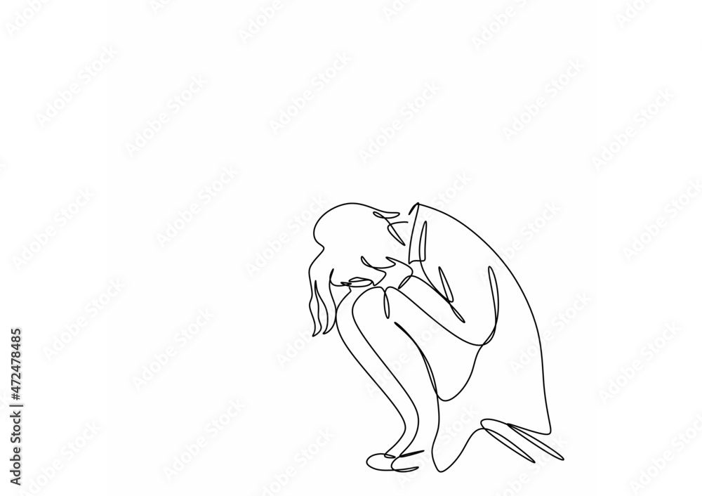 continuous silhouette drawing of a crying woman squatting in a ...