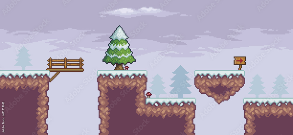 Pixel art game scene in snow with pine trees, floating island, bridge, and clouds 8 bit vector ...