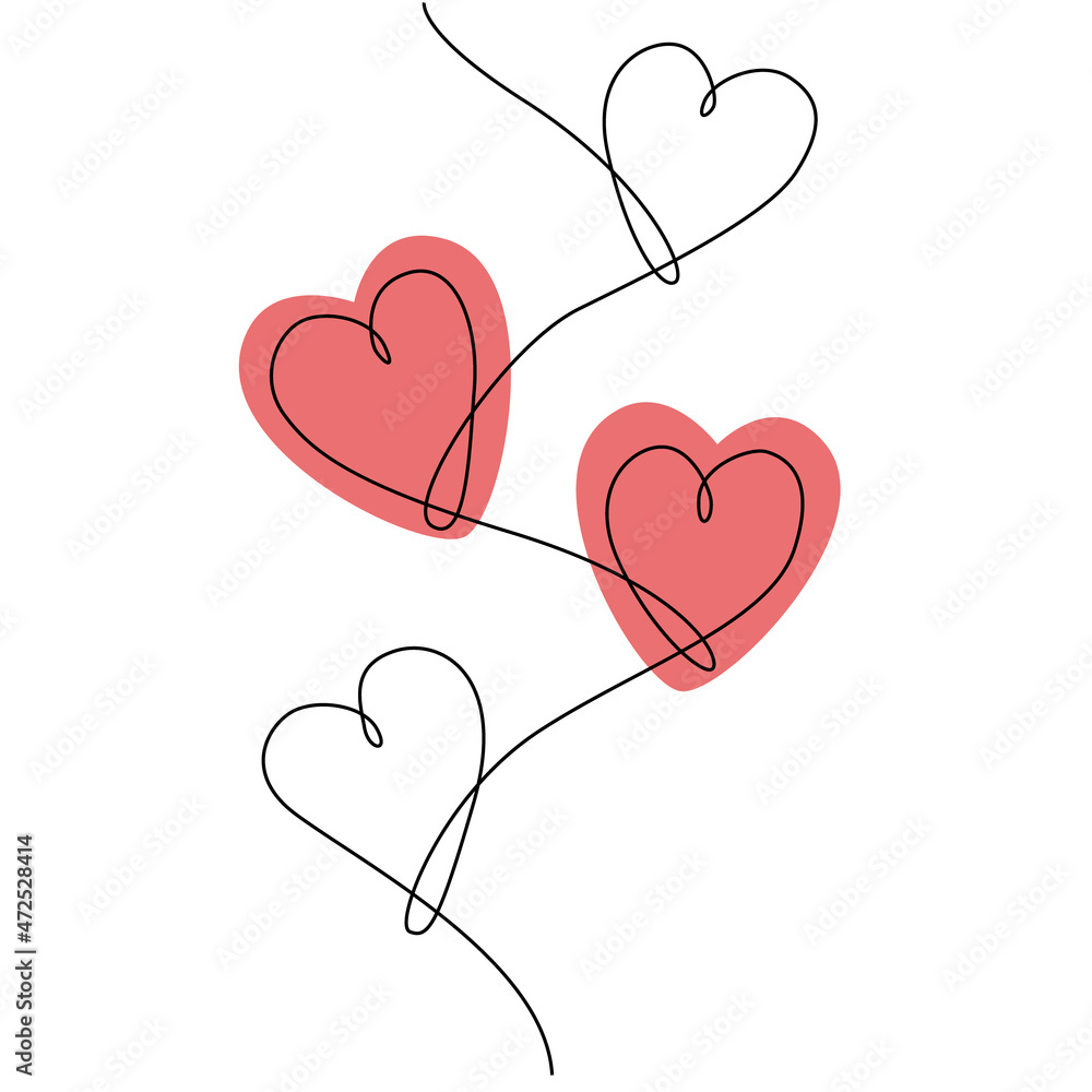Continuous one line drawing of hearts. Black single line art isolated ...