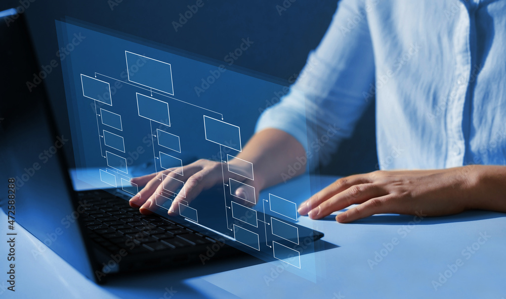 Virtual screen Mindmap or Organigram. Business process and workflow automation with flowchart ...