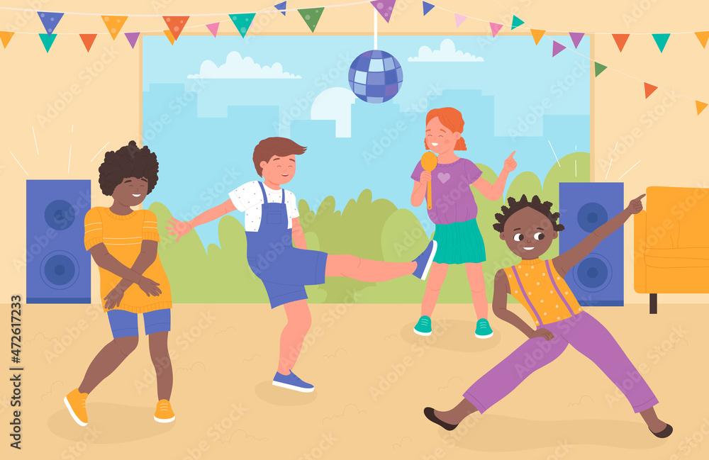 Children on fun dance party vector illustration. Cartoon little girl ...