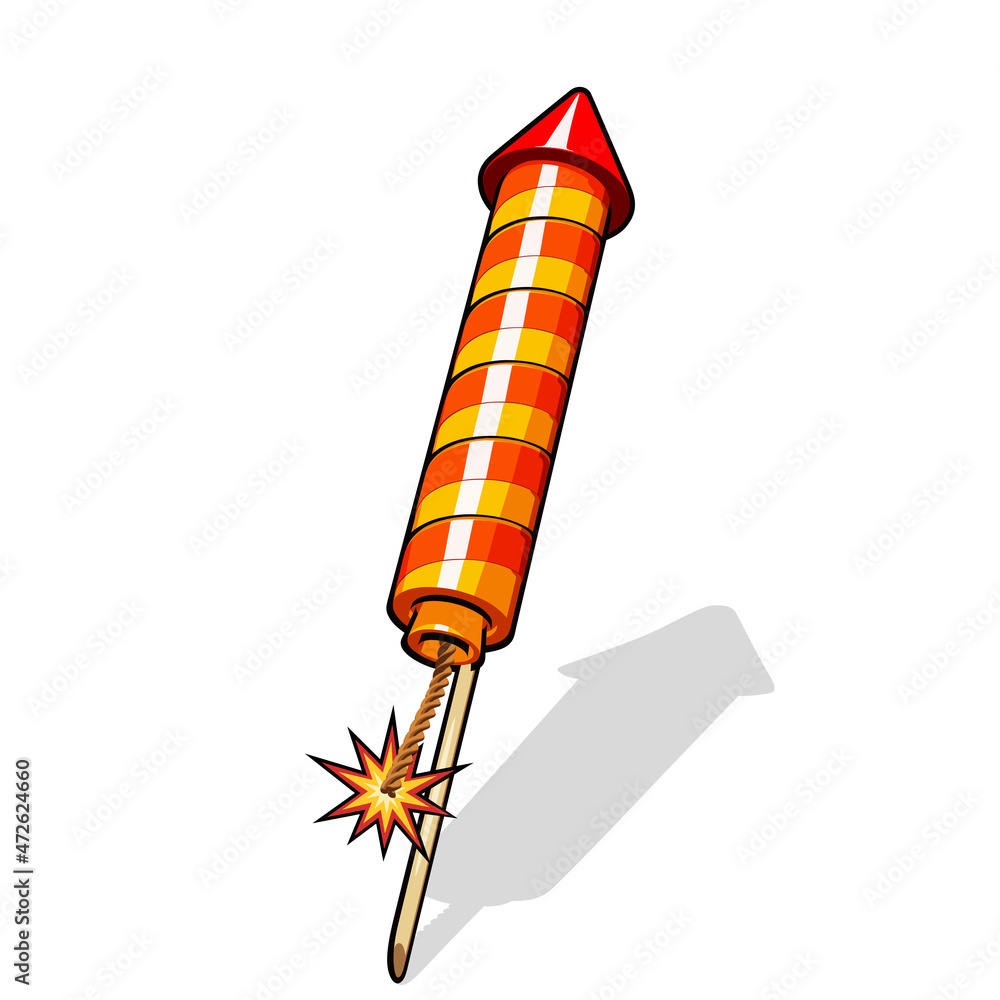 Fireworks rocket in cartoon style with burning explosive fuse and ...