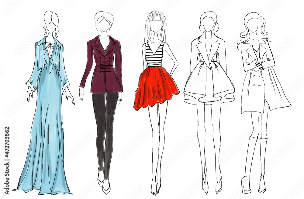 Fashion sketch. Models wearing stylish clothes on white background ...