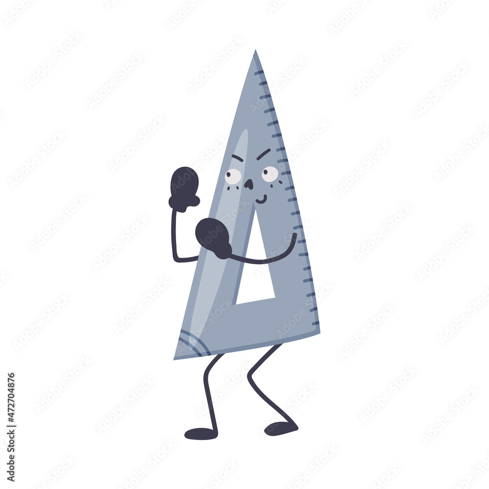 Funny Triangular Ruler as Office Supply Humanized Character with Boxing ...