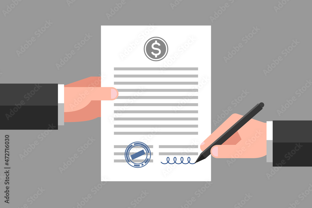 Signing of document with dollar sign, concept of loan agreement Stock ...