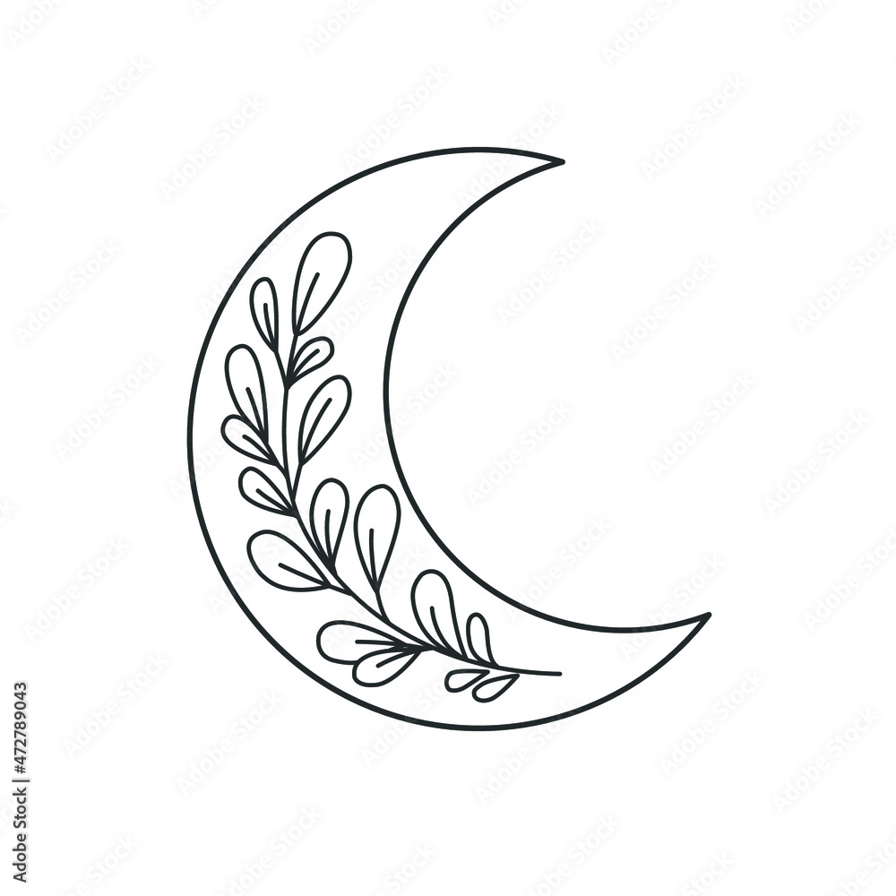 Crescent moon with a branch. Linear drawing. Heavenly magic moon ...